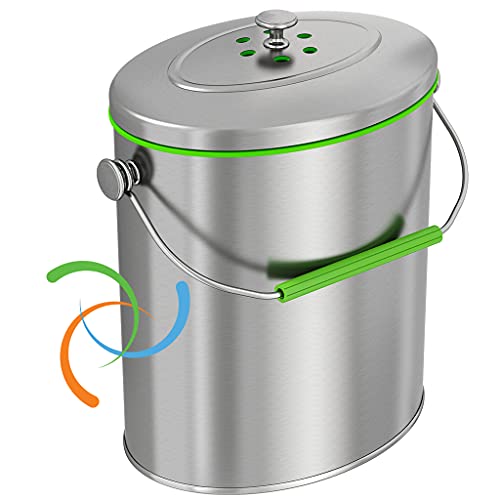 iTouchless Stainless Steel Compost Bin 1.6 Gallon Includes AbsorbX Odor Filter System, Pest-Proof, Titanium Rust-Free Space-efficient Slim Oval Shape 6 Liter Kitchen Countertop Trash Can