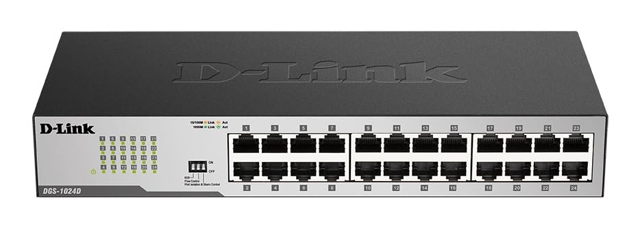 D-Link DGS-1024D, Ethernet Switch, 24 Port Gigabit Unmanaged Fanless Network Hub Desktop or Rack Mountable, Black