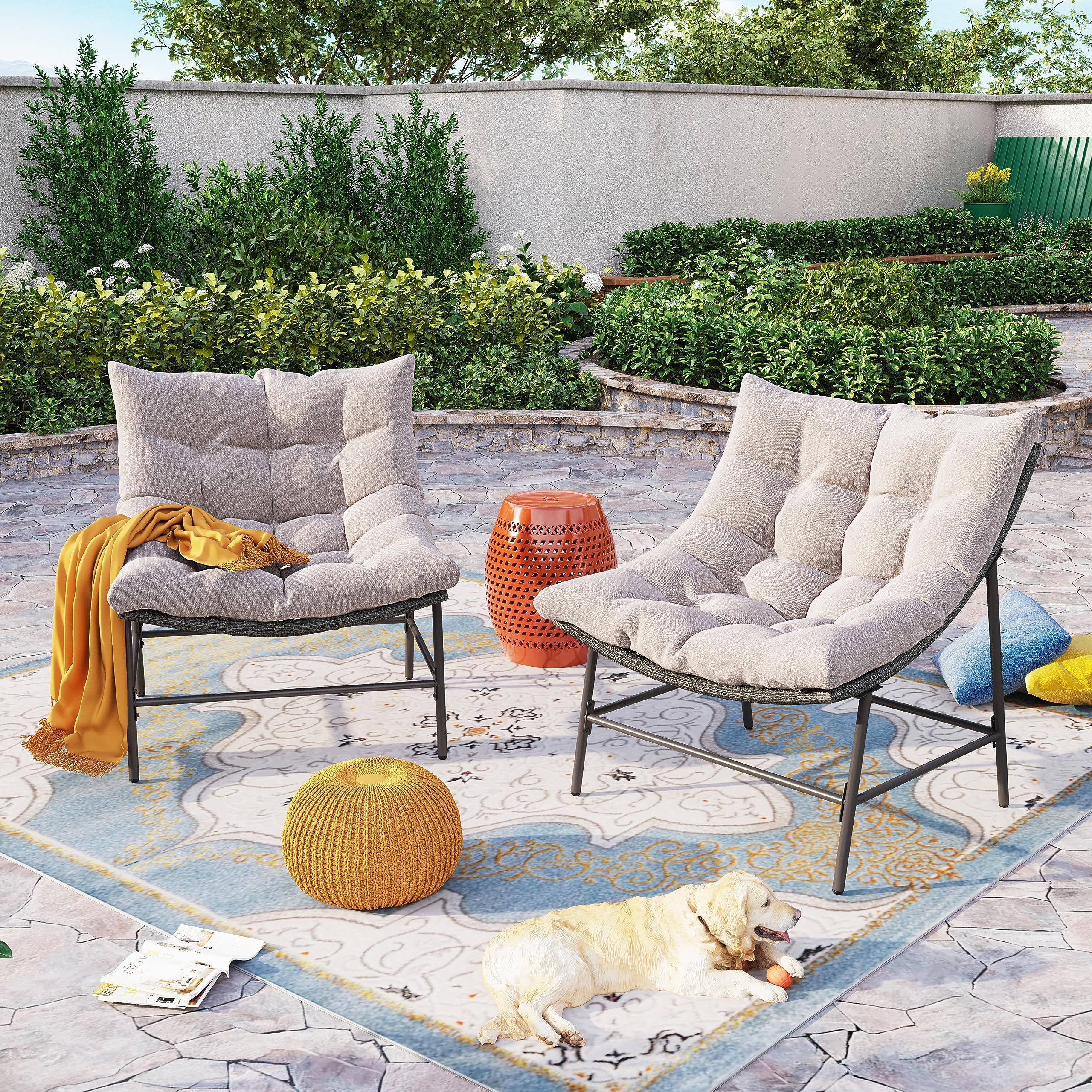 Sophia & William Outdoor Papasan Chairs with Cushion and Frame, Patio Rattan Club Scoop Chairs with 3.9" Cushions, Oversized Padded Lounge Chairs Set of 2, 350Ibs Capacity, Indoor & Outdoor Use