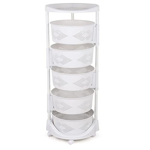 Kaibrite Rotating Kitchen Storage Rack, Multi-Layer Revolving Basket Kitchen Shelf with Wheels, for Kitchen, Bathroom, Laundry Room, Garage, White (5-Layer)