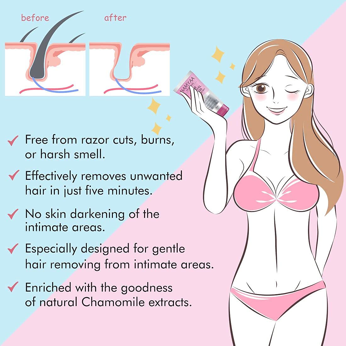 AZAZ Namyaa Hair Removing Cream for Intimate Skin with After Wax Soothing Serum with Vitamin C, White, 60 g