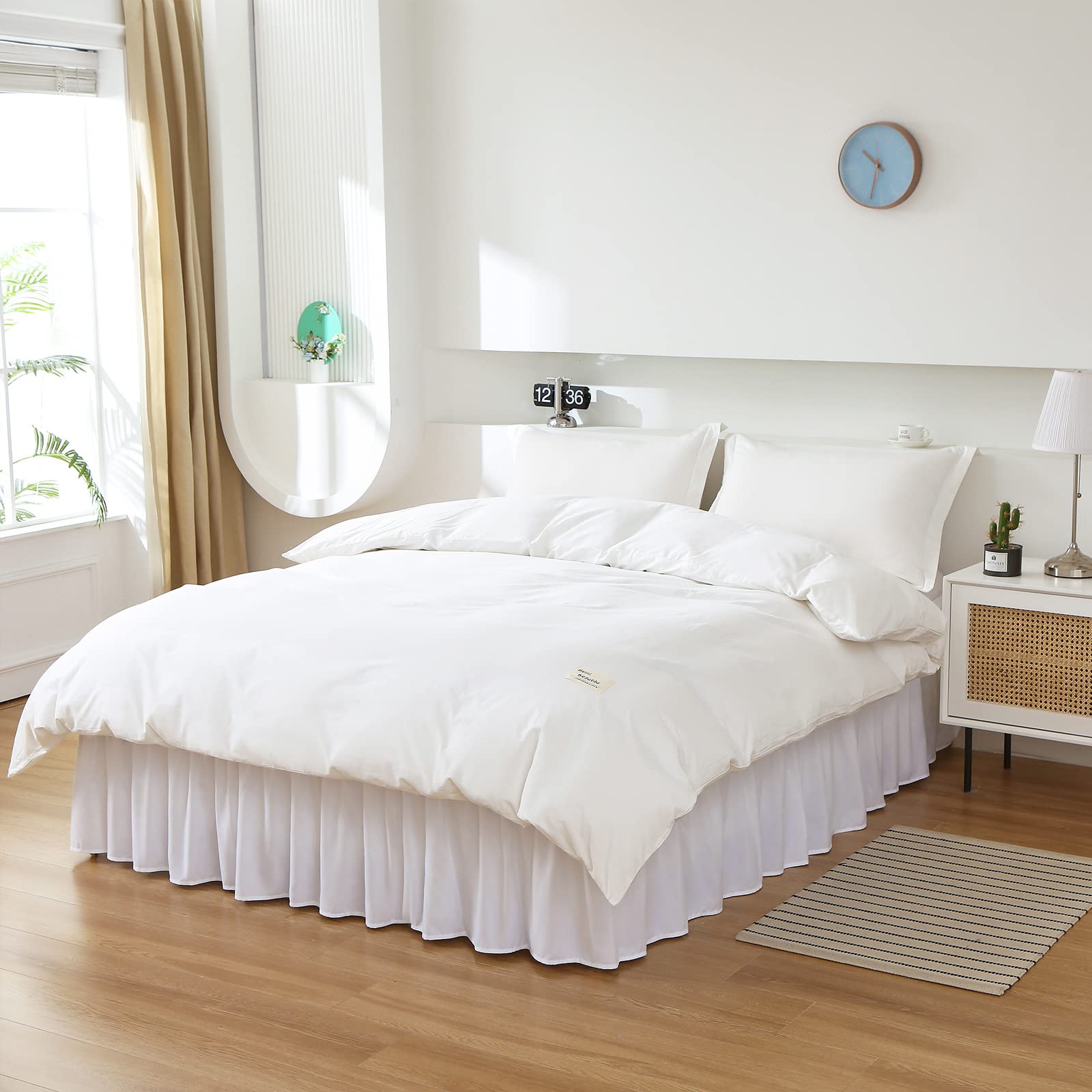 MEILA Wrap Around Bed Skirt Three Fabric Sides Elastic Dust Ruffled 16 Inch Tailored Drop,Easy to Install Fade Resistant-White, Queen/King