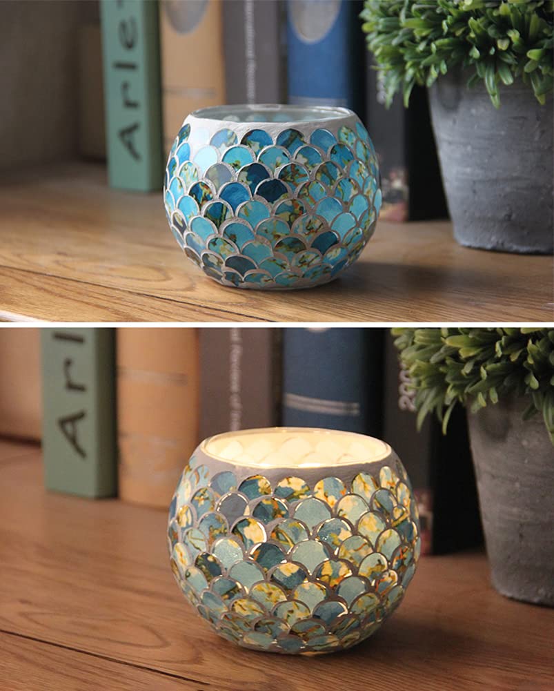 Blue Fish Scales Mosaic Glass Tea Light Candle Holder Romantic Handmade Gifts Votive Candleholder Christmas Candlestick Holders Table Centerpieces Home Decor Wedding Party Table Decorations