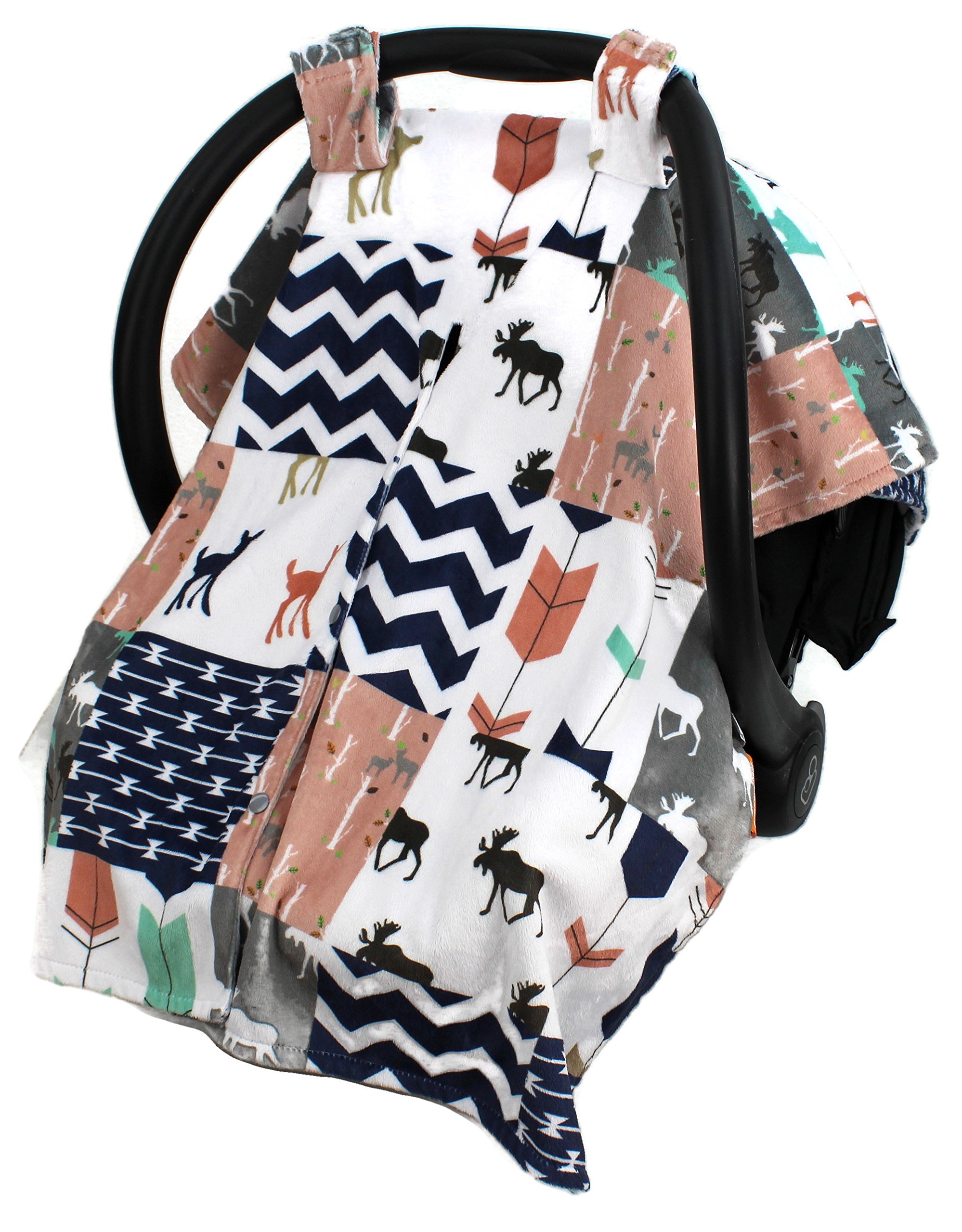 Dear Baby Gear Deluxe Reversible Car Seat Canopy, Custom Minky Print, Woodland Deer Quilt Feathers Pink Mint