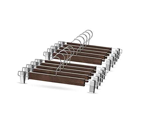 High-Grade Wooden Pants Hangers with Metal Clips Grip Clip Pants Hanger, Smooth Finish Solid Wood Jeans/Skirt Hanger, 360° Swivel Hook - Clip Hanger for Pant, Skirts, Slacks - 10 Pack, Vintage Wood