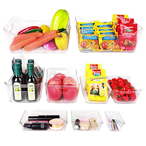 DWGuliho Refrigerator storage bin, Set of 9 Kitchen Storage Containers, Clear Fridge Organizer,Multi-use Clear storage bin for Cabinet, Bathroom, Vanity Room