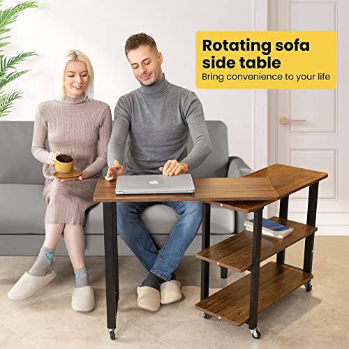 VIVOHOME Sofa Side Table 360° Rotating Mobile End Table Movable Laptop Table with 2 Tiers Storage Shelves 6 Universal Casters for Home Office
