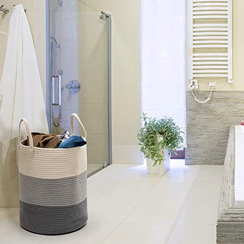 EZOWare Large Cotton Rope Storage Basket, Soft Woven Laundry Hamper with Handles for Bathroom Nursery Closet - Gradient Gray, 15 x 18 inch