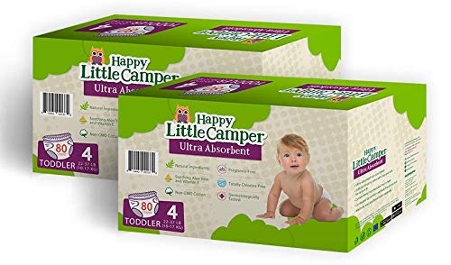 Happy Little Camper Ultra-Absorbent Natural Baby Diapers Size 4 - Hypoallergenic & Chlorine-Free Disposable Diapers Safe for Sensitive Skin - Unscented Toddler Diapers - 160 Count