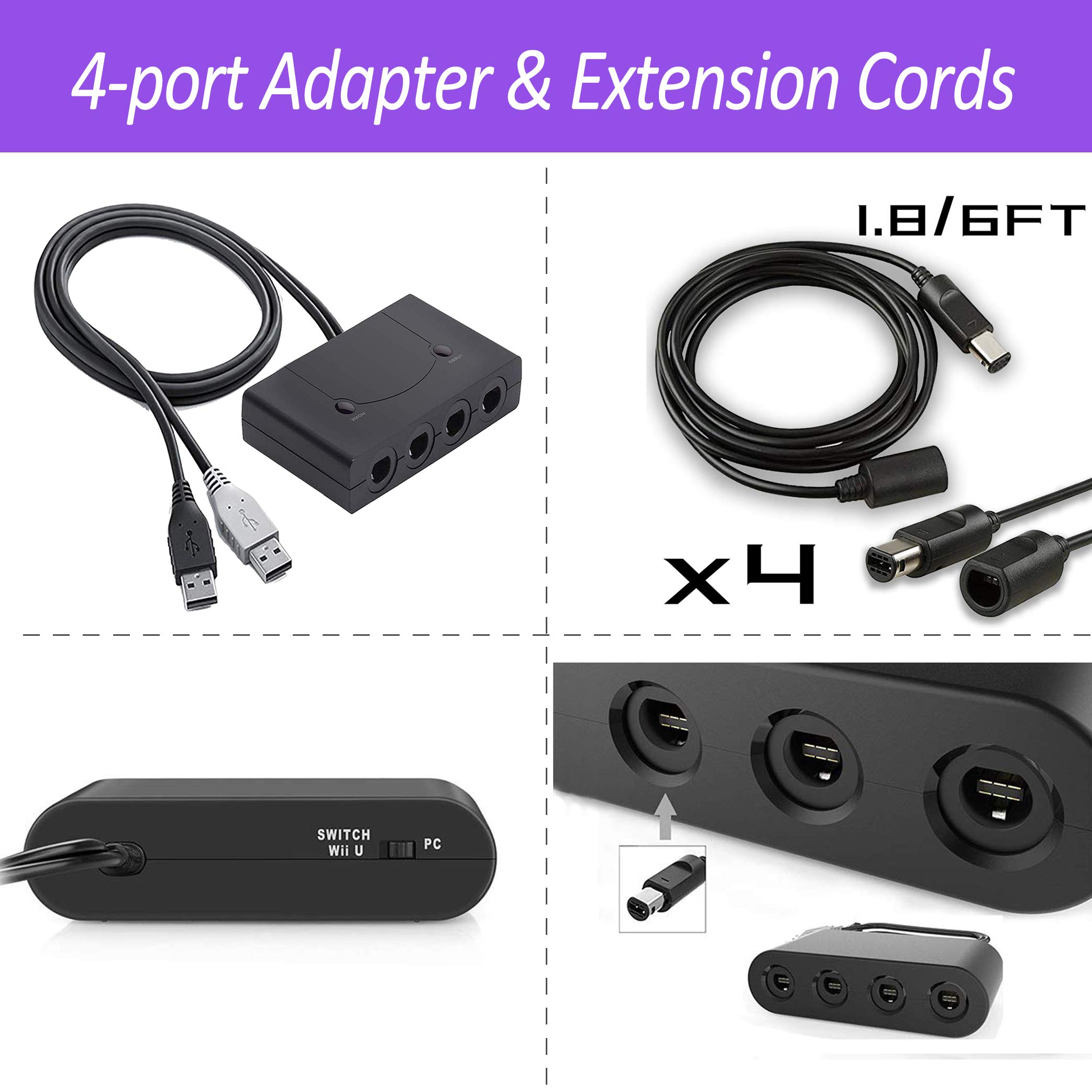 4 Controller for Gamecube, with 4 Extension Cords and a 4-Port Gamecube Adapter for Wii U/Switch/PC - Warm Tone
