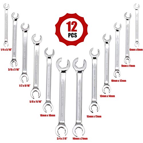 ARUCMIN Flare Nut Wrench Set,12-Piece Chrome Vanadium Steel Wrench Set SAE & Metric 1/4"-7/8" and 6-21mm with Organizer Box