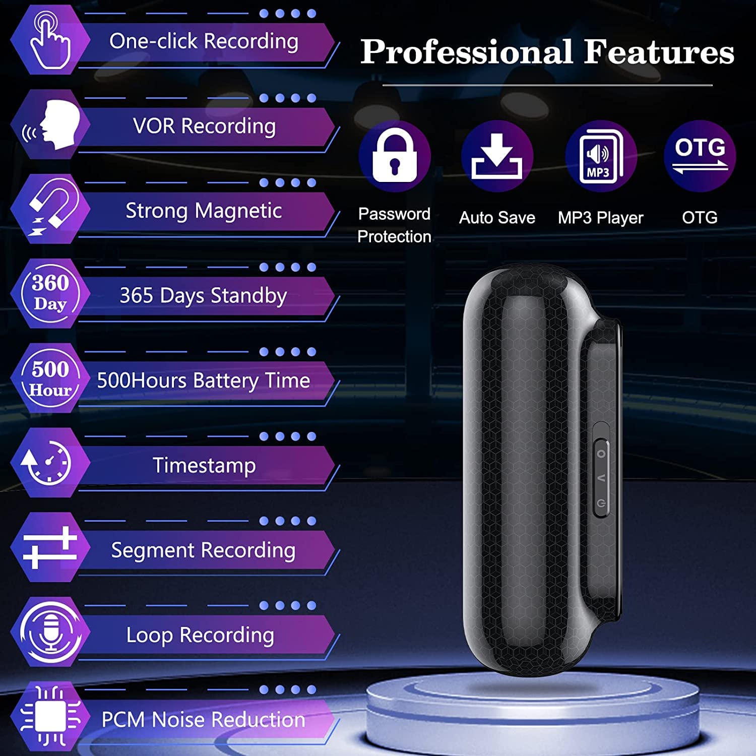 64GB Magnetic Voice Recorder, Voice Activated Recorder with Playback, 500 Hous Strong Battery Life Digital Audio Tape Recorder Recording Device with 768 Hour Storage Capacity for Lectures
