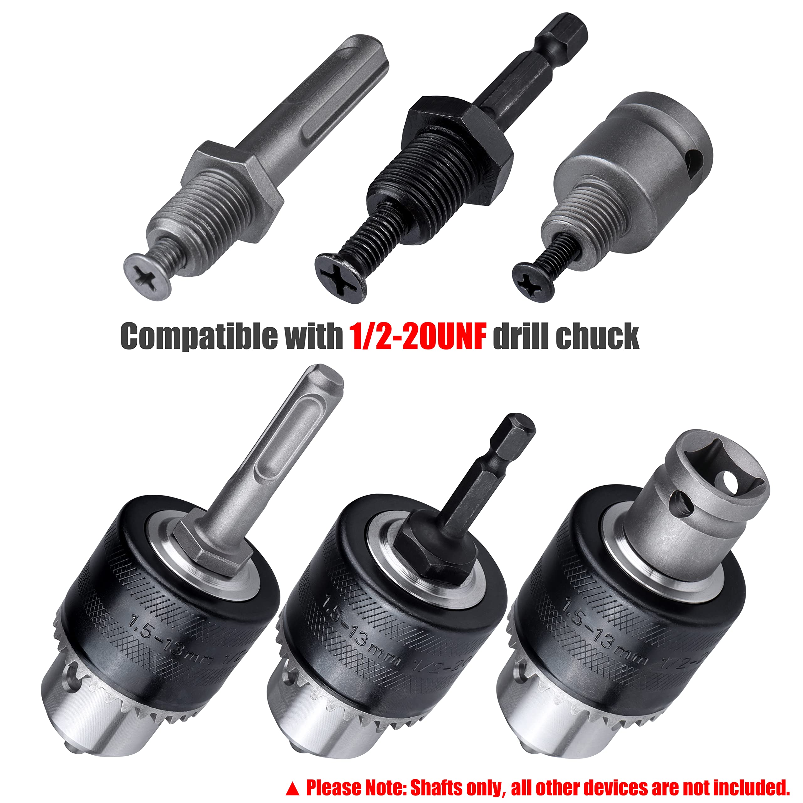 Yakamoz 3Pcs 1/2-20 UNF Mount Thread Drill Chuck Shank Adapter Set, SDS-Plus Shank for Rotary Hammer Drill | 1/4" Hex Shank for Impact Driver | 1/2" Drive Female Adapter for Air Impact Wrench