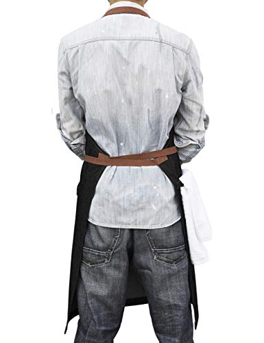 DingSay Trendy Denim Chef Apron with Pockets, Mens Womens Professional Kitchen Bib Black Apron for Cooking Grill BBQ Server, with Towel Loop and Adjustable Neck Straps