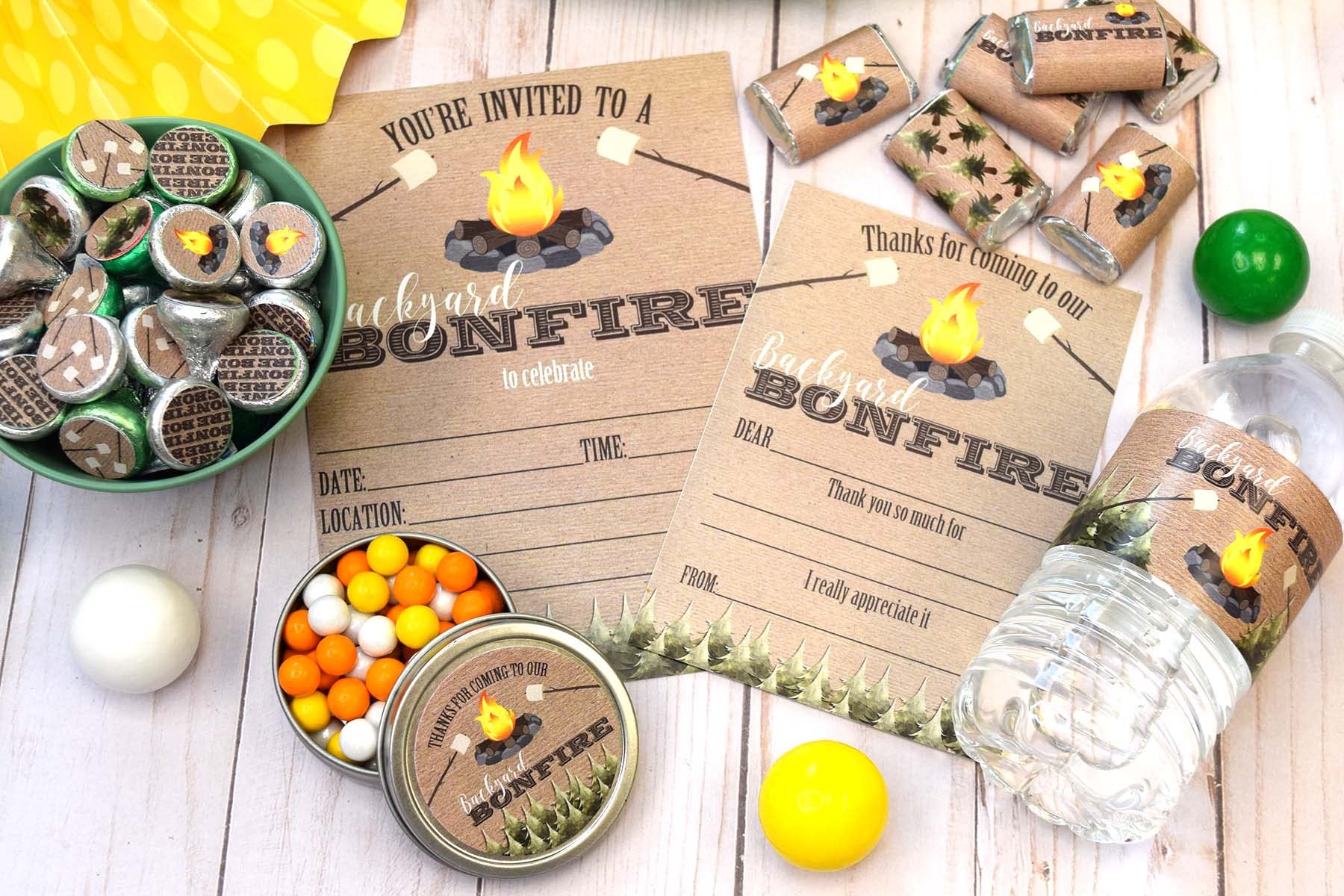 Backyard Bonfire Birthday Party Bundle Includes 20 each of Invitations & Thank You Cards with Envelopes + 2 Different Sizes of Stickers, Mini Candy Bar Wrappers, & Water Bottle Labels!