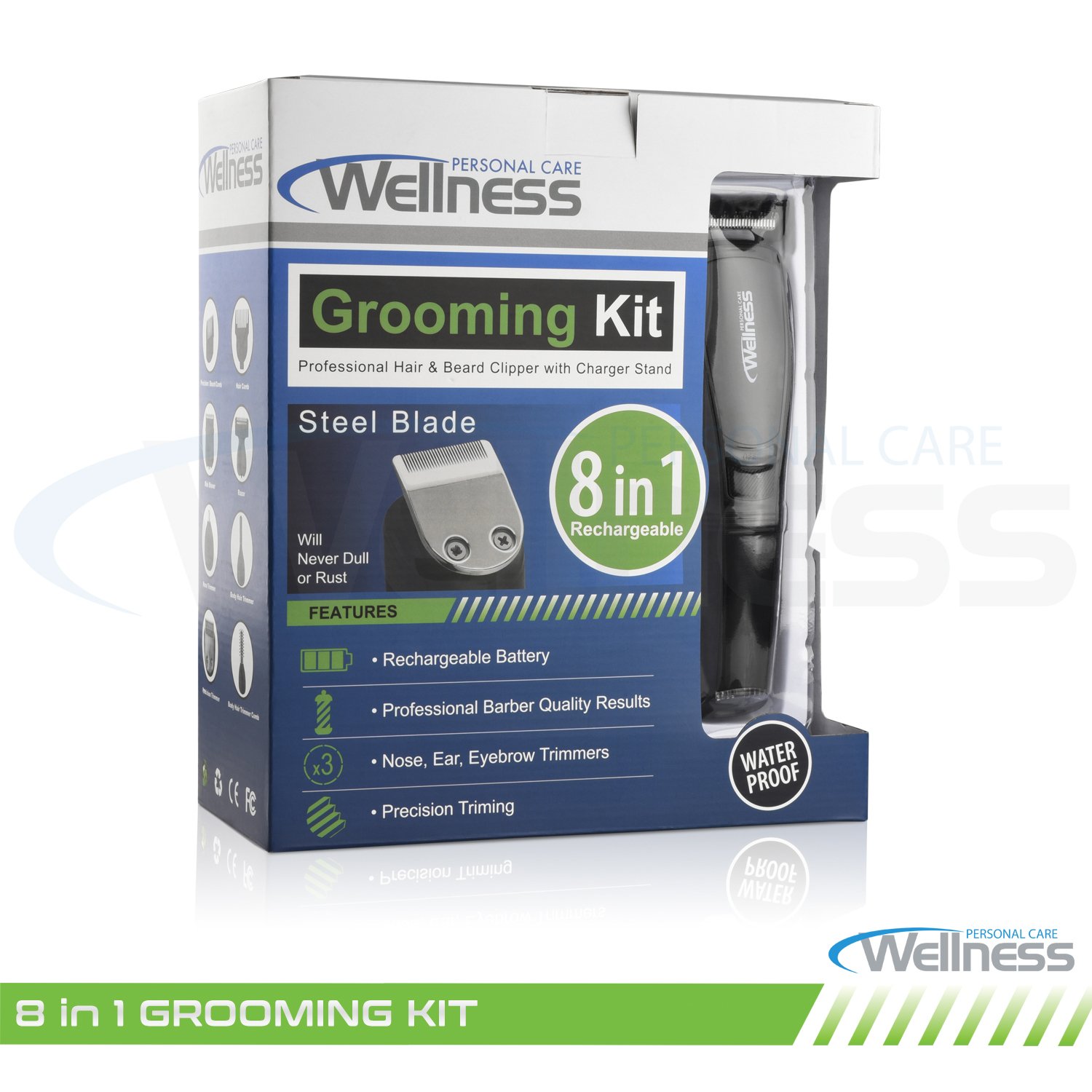 Wellness Personal Care Men's 8-in-1 Rechargeable Shaver Grooming Kit | Storage Stand | Full Trimmer, Detail Trimmer, Nose Trimmer, Beard and Mustache Trimmer, Stubble Comb