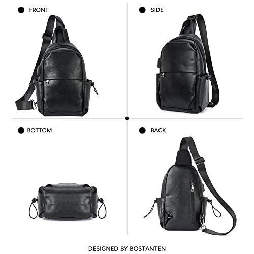 BOSTANTEN Sling Bag Leather Crossbody Backpack Shoulder Bag for Men Travel Hiking Everyday Use, Black