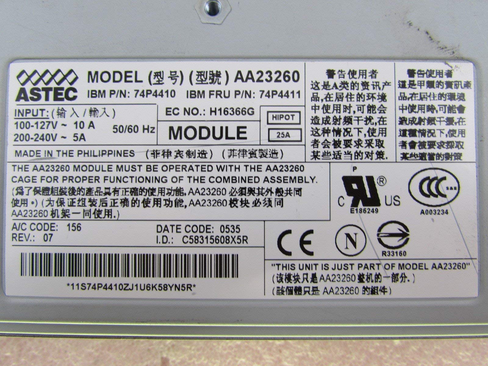 IBM XSeries 346 625W Hot Plug Server Power Supply 74P4411 74P4410 Astec AA23260 (Renewed)