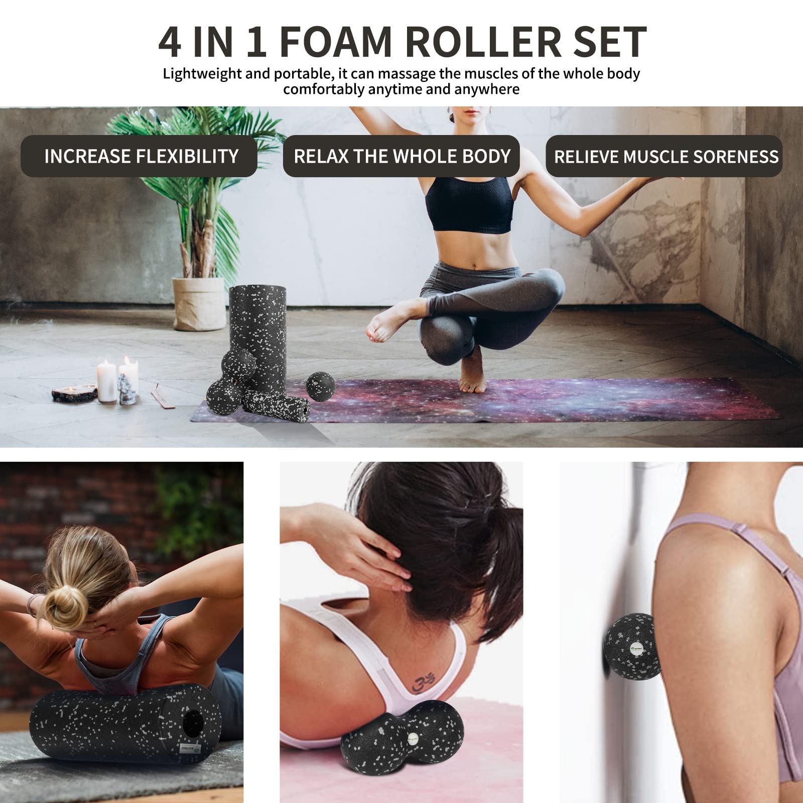 4 in 1 Foam Roller Set, High Density Back Roller, Core Muscle Roller Stick, Plantar Fasciitis Ball, Peanut Massage Ball for Back Pain Whole Body Deep Tissue Muscle Pilates Physical Therapy Exercise