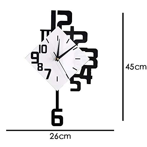 The Geeky Days Large Numbers Pendulum Clock Black and White Modern Design Irregular Numerals Decorative Fashion Silent Quartz Wall Watch with Swinging Number