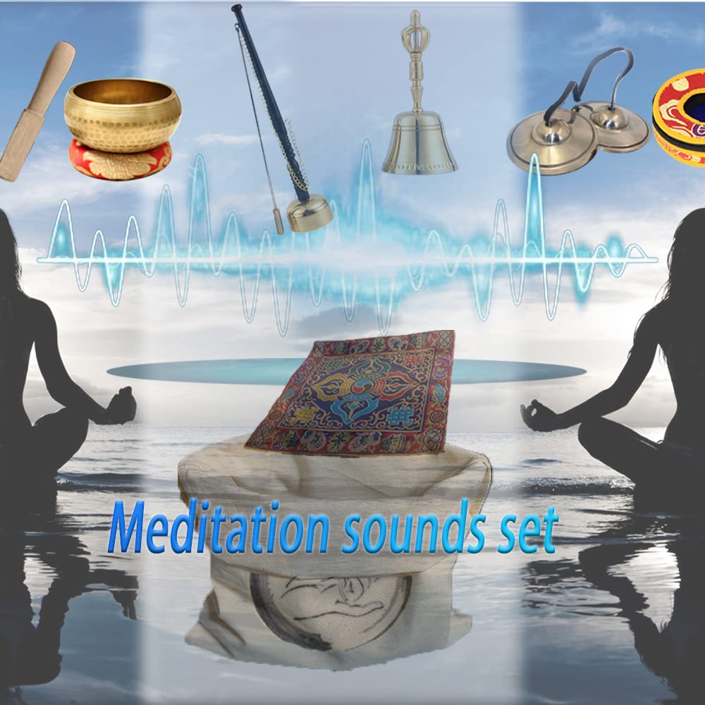 8 Pcs Tibetan Buddhist Meditation Bells Set,3.1inch Singing Bowl Set,2.5inch Tingsha Bells,7.5inch Brass Bell Dorje Vajra,Singing Scripture Implement,8inch Dharma Mat and Zen Bag