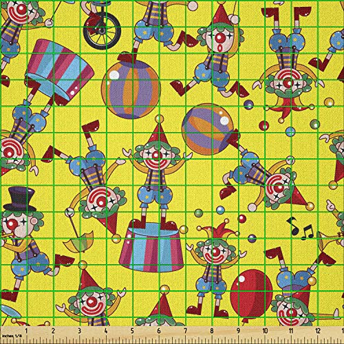 Lunarable Circus Fabric by The Yard, Clown Pattern with Balls Balloons Performing Festival Themed Image Humorous Funny, Microfiber Fabric for Arts and Crafts Textiles & Decor, 1 Yard, Yellow