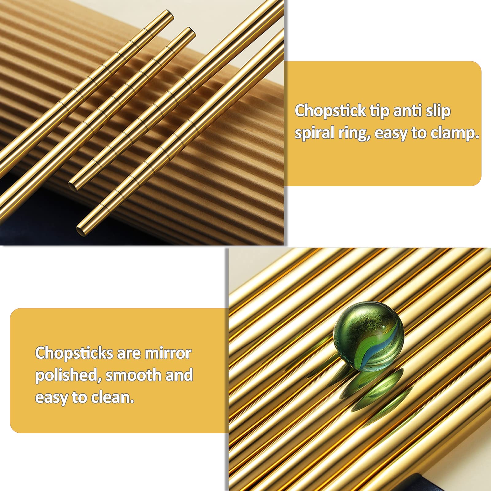 OIULO Gold Stainless Steel Chopsticks - Reusable Chopsticks - 5 Pairs Dishwasher Safe Metal Chopsticks - Easy to Use - Pressure Line Lightweight Chop Sticks- Gift Set(9 Inch )