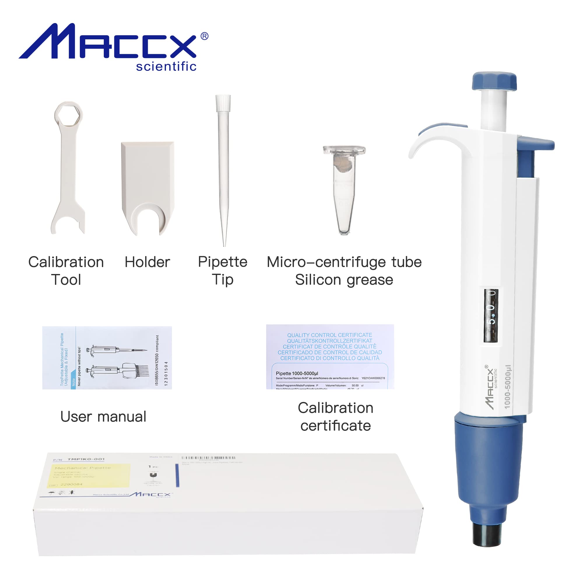 Maccx 1000-5000μl MicroPipette, Single-Channel Pipettor, High Accurate Calibrated Pipettes,Adjustable Volume,TMP5K-001