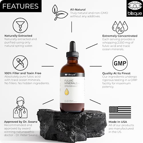 Blisque – Natural Trace Mineral Drops Supplement with Fulvic Acid and Humic Acid | for Detox, Cleanse, Immune Support, Brain Booster, Alkaline Hydration, and Energy | Contains Electrolytes | 4 Ounce
