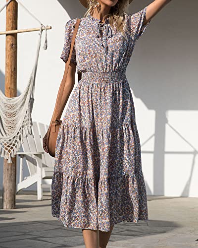 BTFBM Women's 2023 Summer Casual Boho Dress Floral Print Tie V Neck Short Sleeve Elastic Waist A-Line Midi Beach Dresses(Floral Blue, Large)