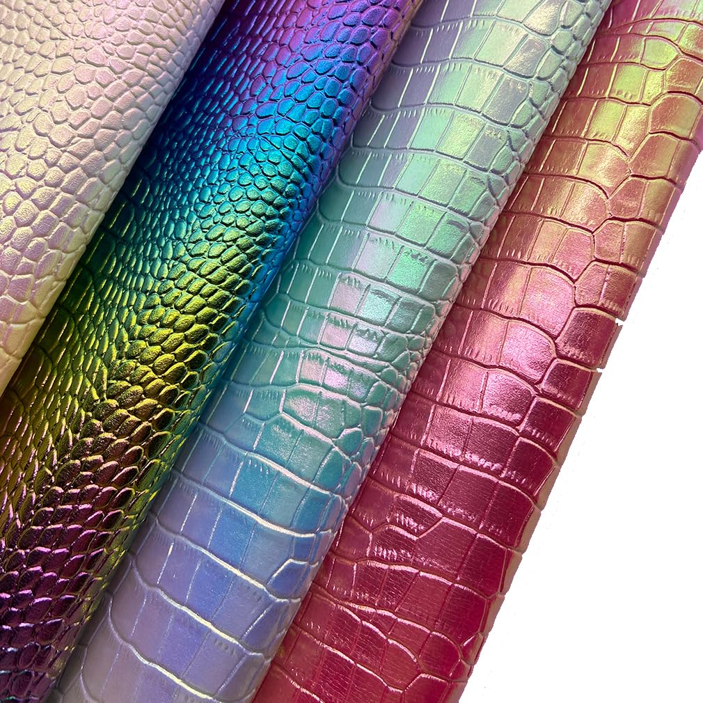 8 x 12 inches Holographic Iridescence Crocodile Faux Leather Sheets, 7pcs A4 Shiny Alligator Textured Synthetic Leather Fabric for Crafts Making Leather Earrings, Bows,Sewing 
