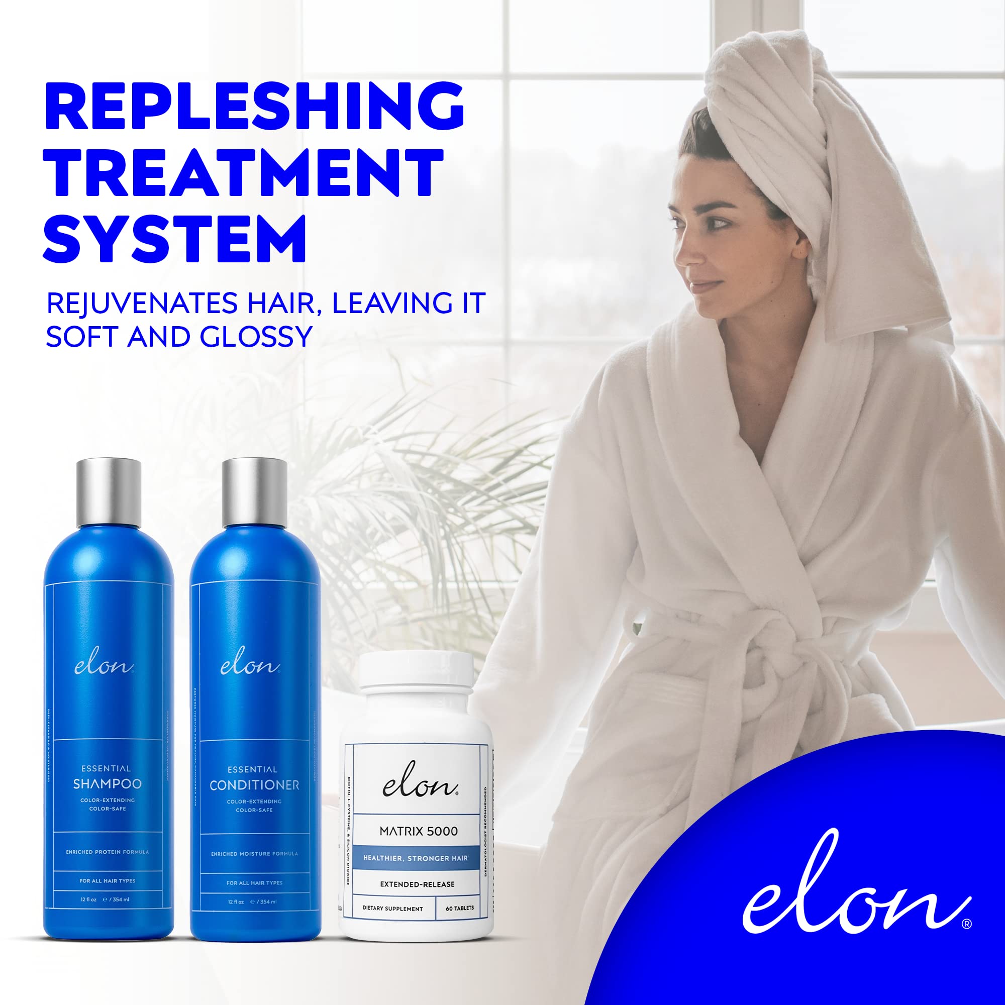 Elon Complete Kit for Thinning Hair β Elon Essential Shampoo and Conditioner Set + Matrix 5000 Hair Growth Supplement β NO Sulfates, Parabens or Phthalates