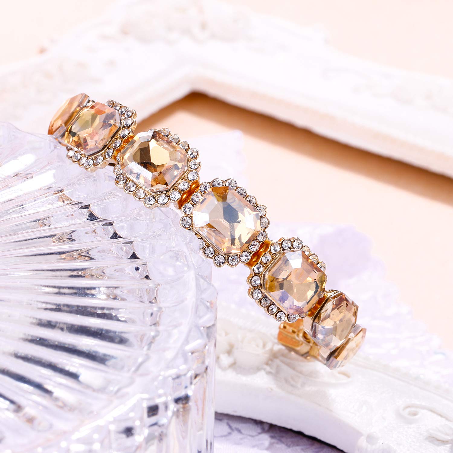 BriLove Wedding Bridal Bangle Bracelet for Women Multi Emerald Cut Crystal Open Stretch Bracelets Champagne Gold-Tone