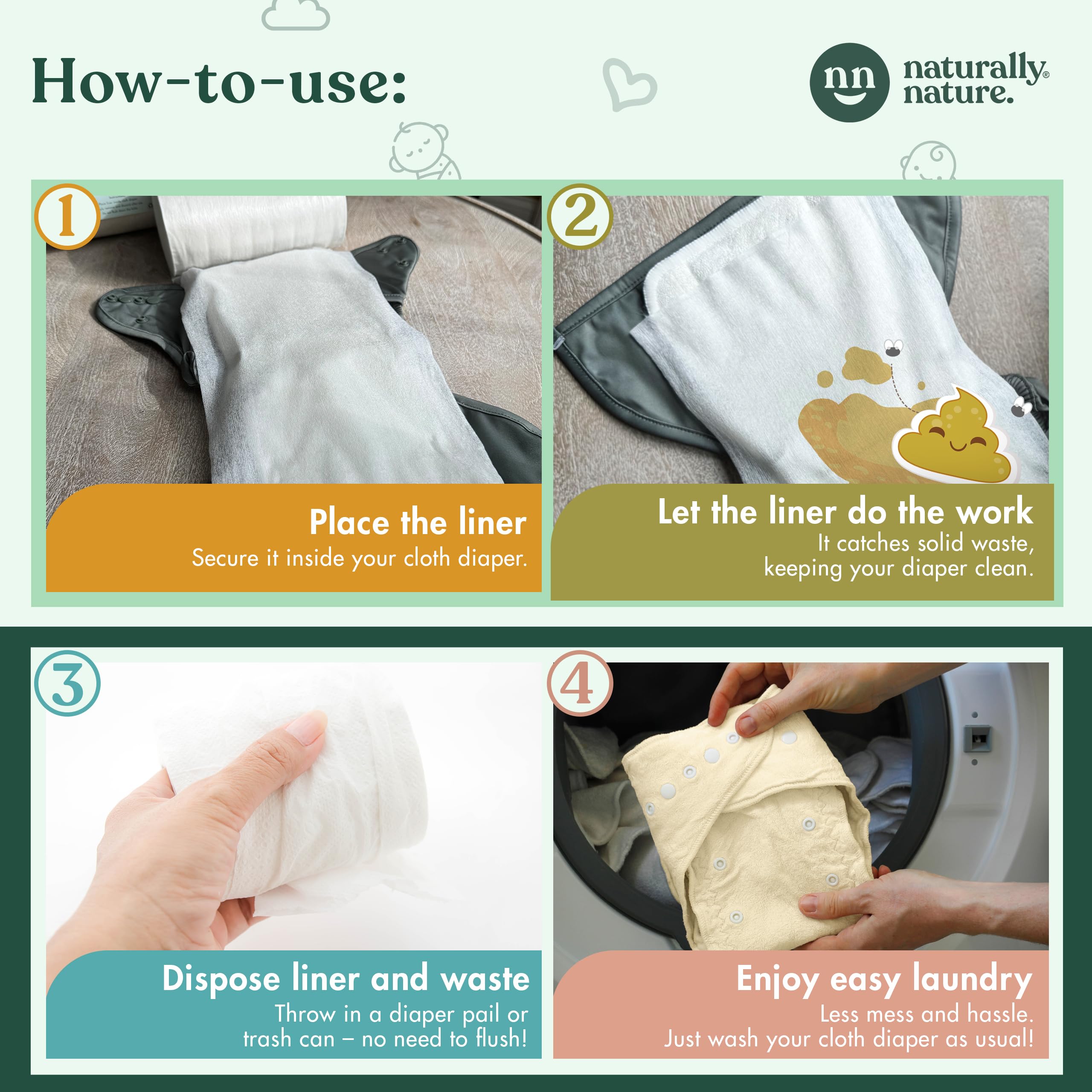 Naturally Nature Disposable Cloth Diaper Liners, Unscented, Fragrance-Free, Chlorine Free Diaper Inserts - 400 Count - (4 Rolls, 100 Sheets per Roll)