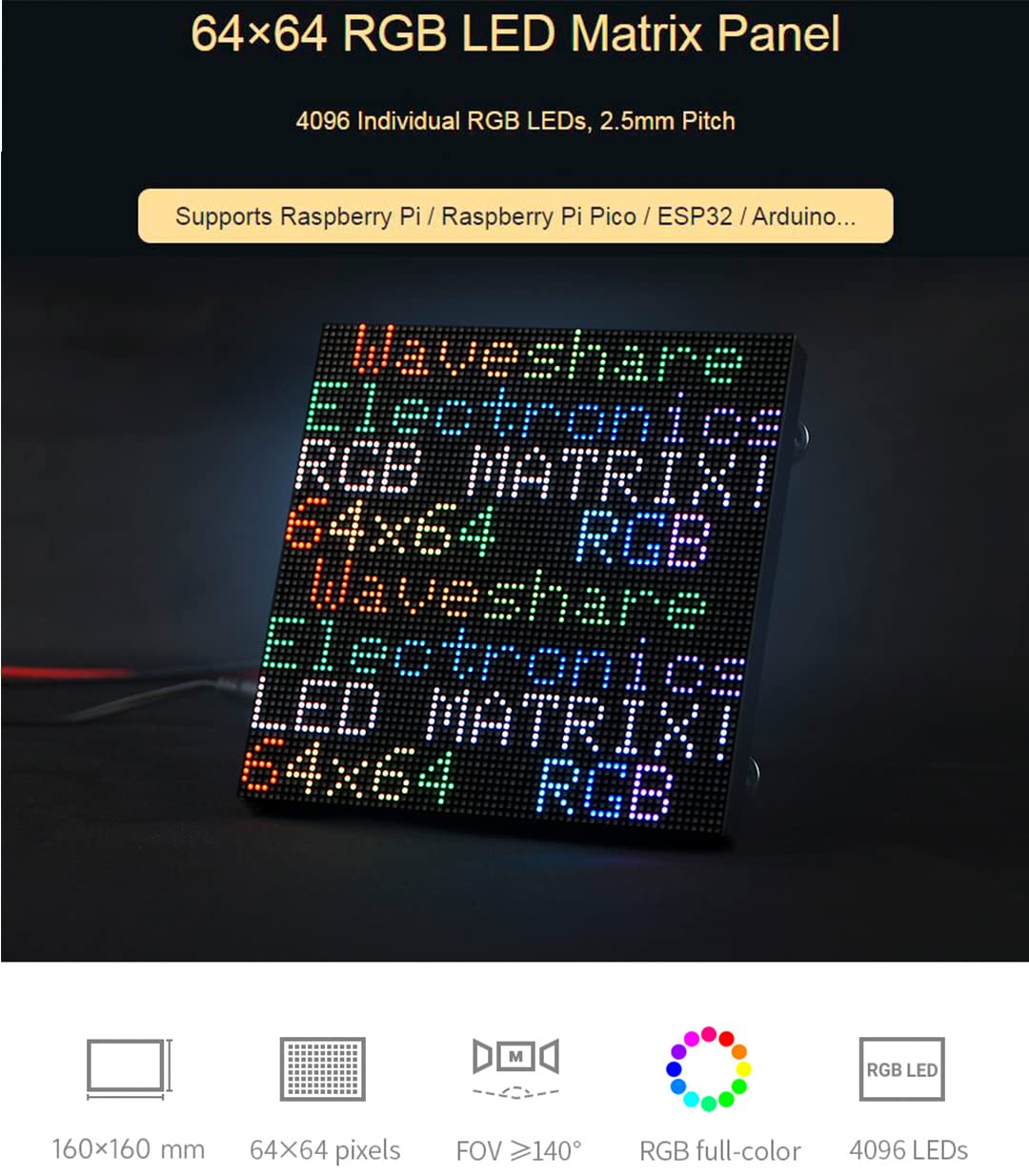 64x64 4096 Pixels RGB Full-Color LED Matrix Panel 2.5mm Pitch, Adjustable Brightness Chainable Design,Display Text/Colorful Image/Animation, Compatible with Raspberry Pi / Raspberry Pi Pico / ESP32