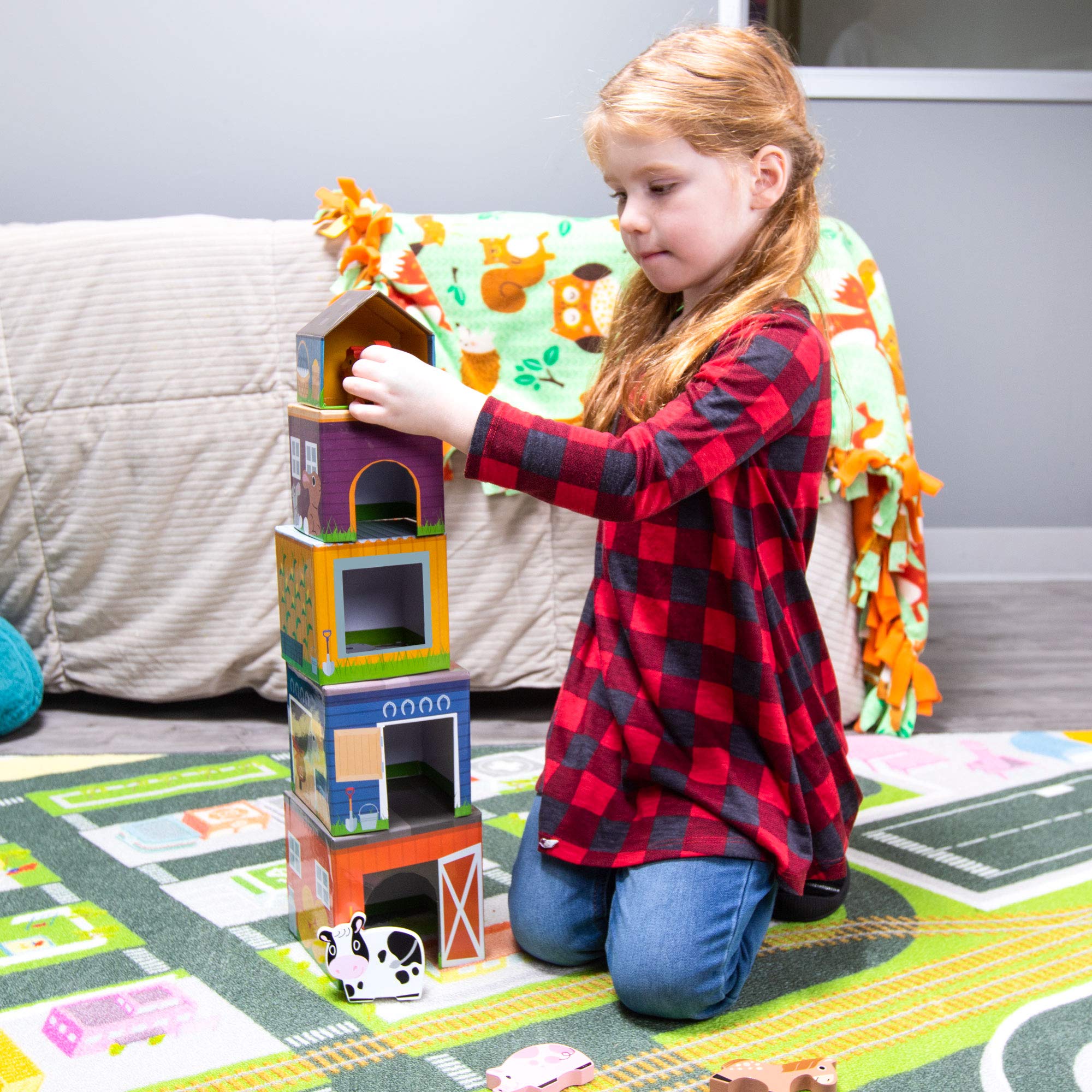 Friendly Farm Match 'n Stack Nesting Blocks | 5 Barnyard Pals & Stackable Home Boxes | Wooden Animals Fit into Colorful Cube Shapes | Includes Chicken, Cow, Pig, Horse, and Rabbit | Classic Kids Toy