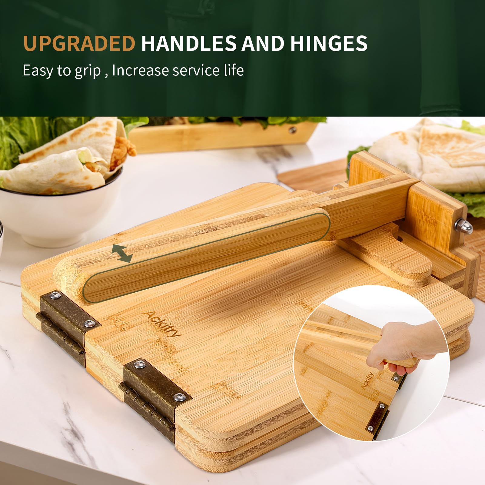 Ackitry Bamboo Tortilla Press 10 Inch, Square Tortilla Maker with 60 PCS Parchment Paper and Dough Scraper, Mexican Tortillera Presser for Homemade Tortillera, Pataconera, and Dough Press (4.5โ- 10")