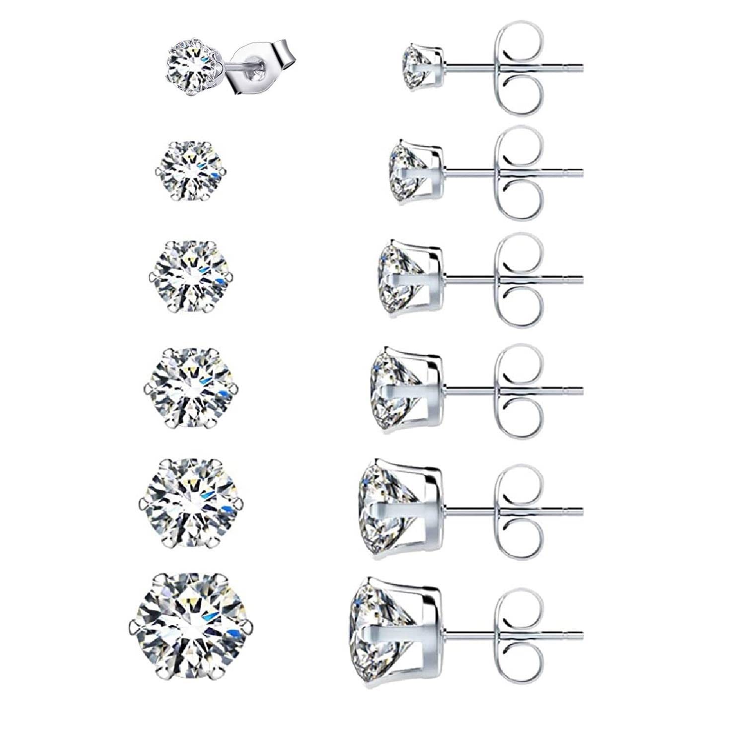 6 Pairs Diamond Earrings for Women Small Diamond Stud Earrings Silver Cubic Zirconia Earring Set Hypoallergenic Diamond Earings 3-8mm