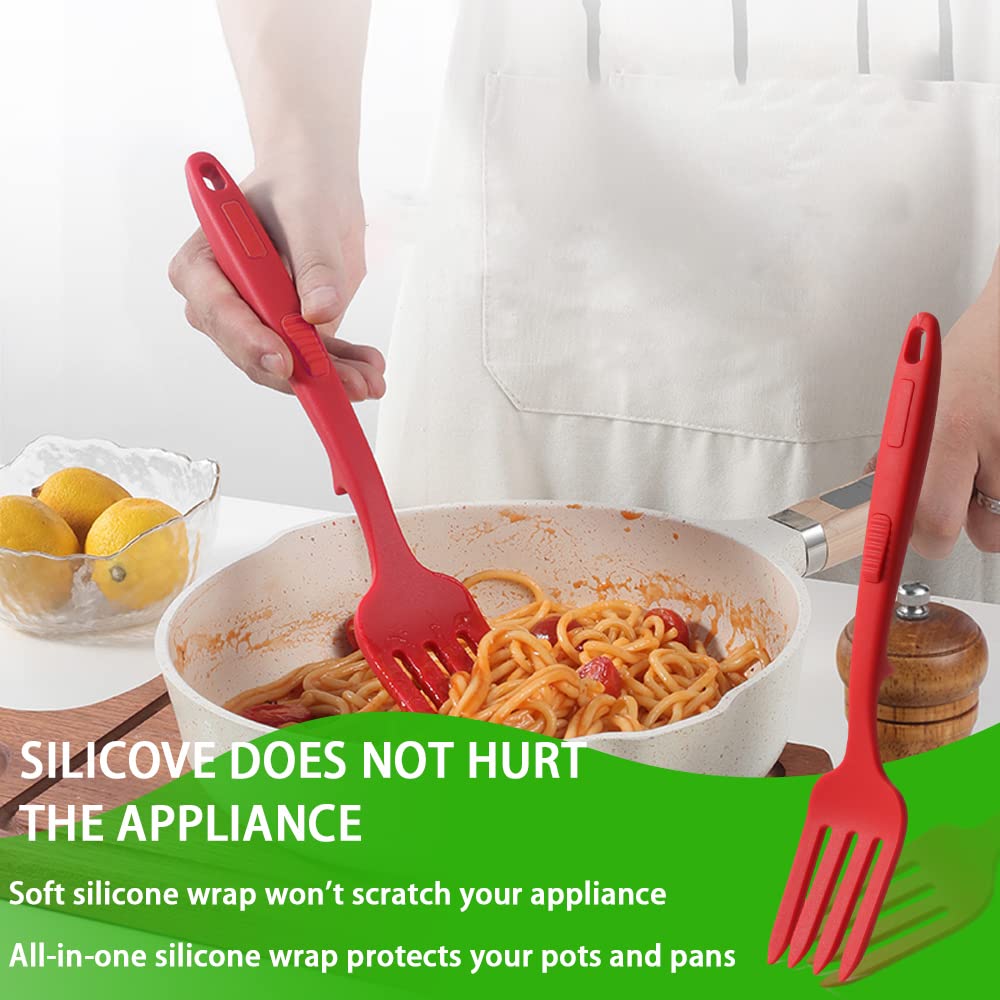 4 PCS Silicone Serving Spoons for Cooking Plastic Spoons Fork Silicone Slotted Spoons Nonstick Large Mixing Spoon Heat Resistant Cooking Utensils for Kitchen Cooking Bake Stir Draining Tool