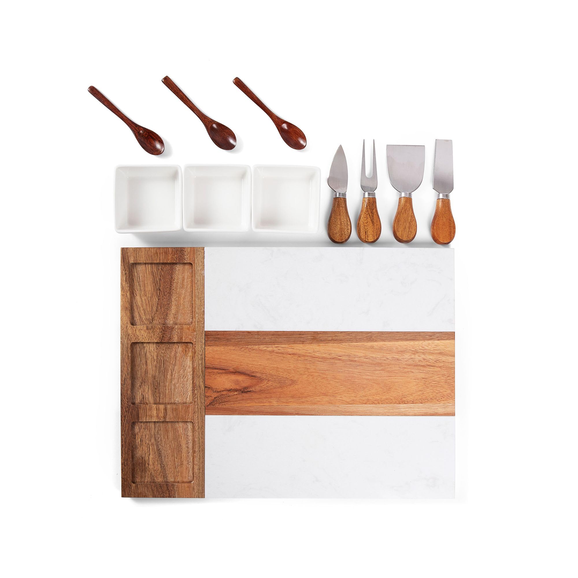 Acacia Wood and Marble Charcuterie Board Set - 11 Piece Cheese Board Serving Platter - Includes Knives, Bowls, Spoons - Gift Appetizer Board with Accessories - Housewarming and Holiday Unique Gift