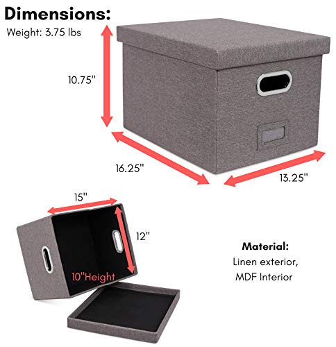 Internet's Best Collapsible File Box Storage Organizer with Lid - Decorative Linen Filing & Storage Office Boxes β Hanging Letter/Legal Folder β Home Office Bins Cabinet β Grey Container - 1 Pack