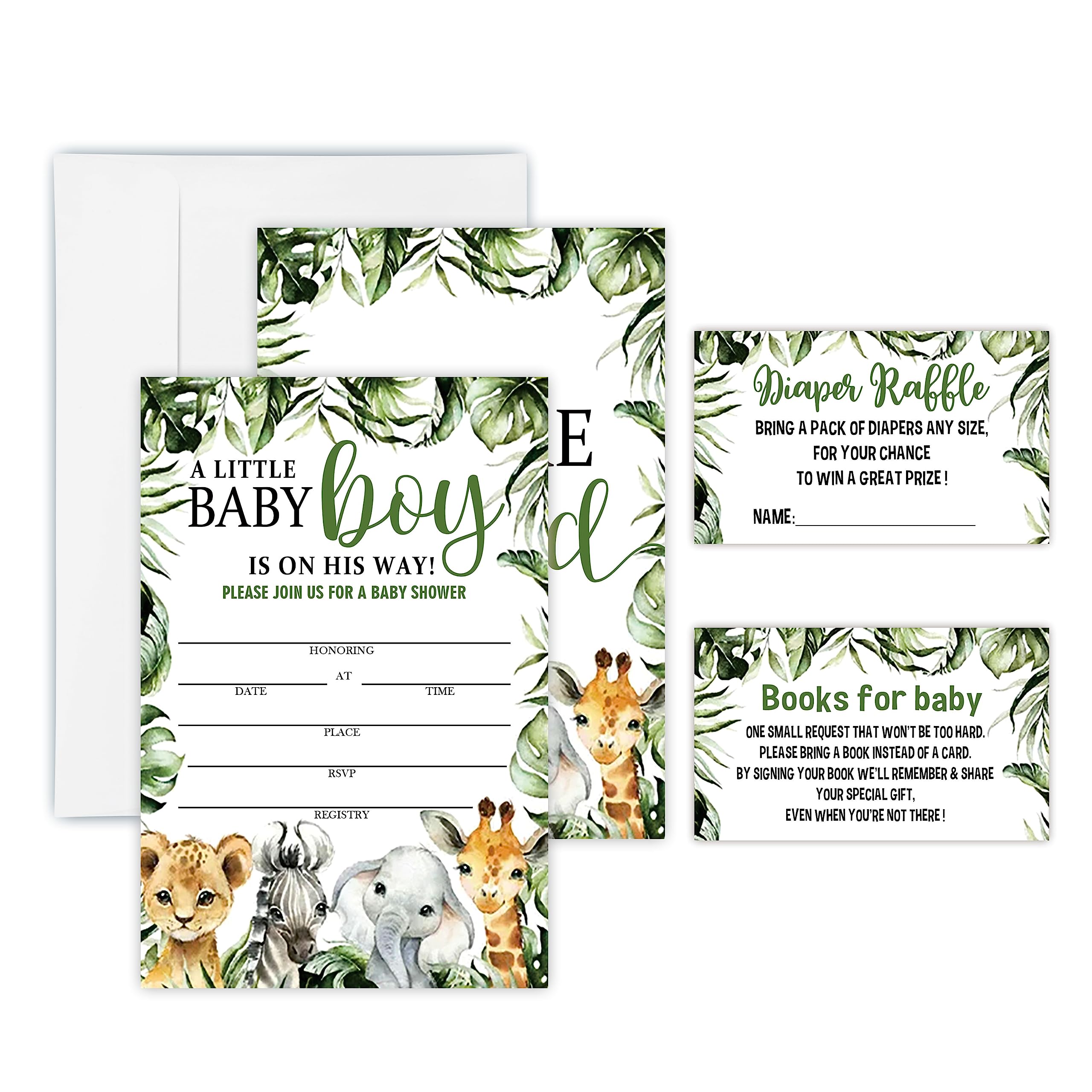 Baby Boy Baby Shower Invitation Set - Greenery Animals Theme - 25 Invites & Envelopesďź25 Dipaer Raffle Tickets & 25 Book Request Cards - Gender Reveal Party Supplies -TZ-A06
