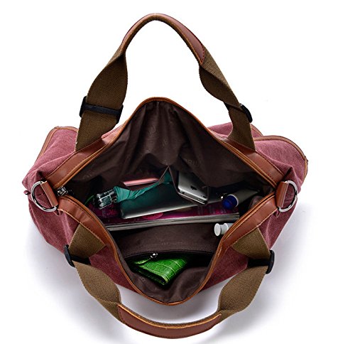 Canvas Sling Purses Large Shoulder Bags for Women with Multi Pockets for Hiking Picnic Travel Handbag (Retro Red)