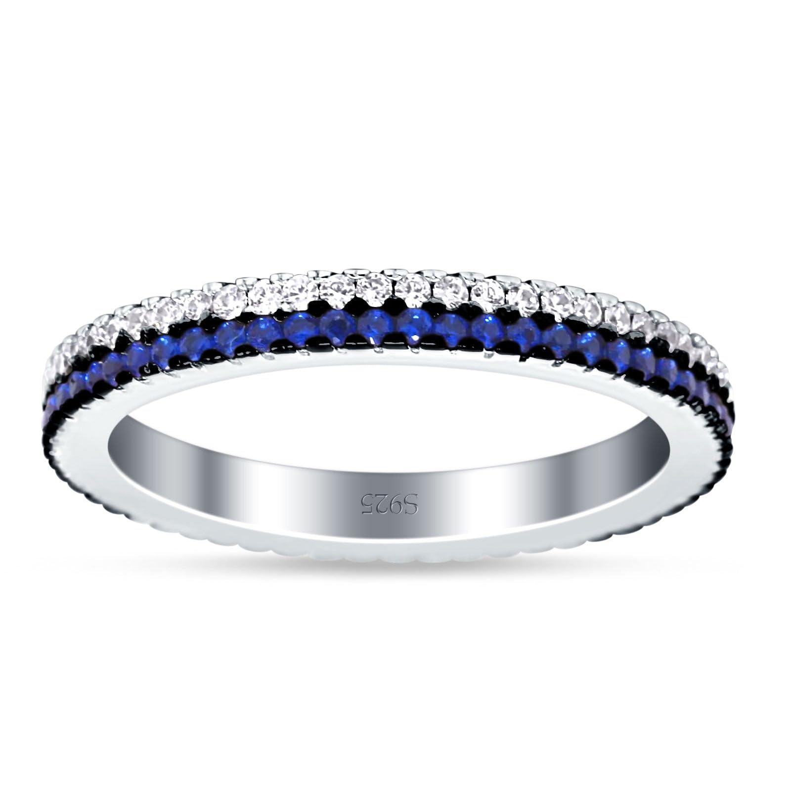 3mm Full Eternity Stackable Thin Blue Line Band Ring Round Simulated Sapphire CZ 925 Sterling Silver, Size-8