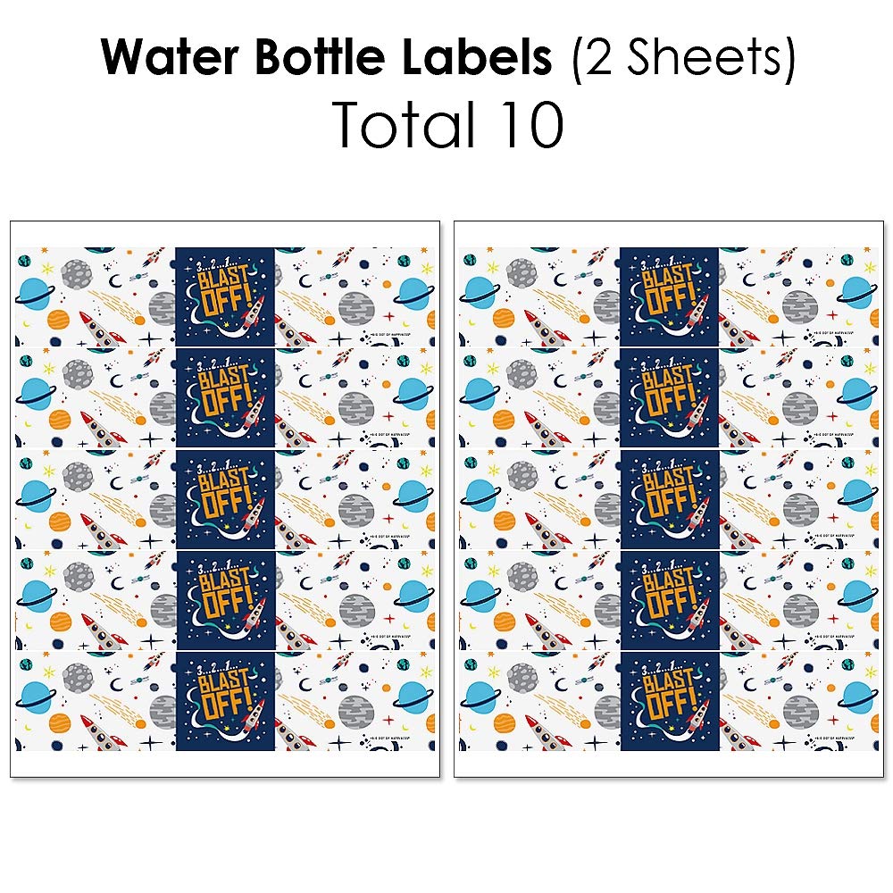 Big Dot of Happiness Blast Off to Outer Space - Mini Wine Bottle Labels, Wine Bottle Labels and Water Bottle Labels - Rocket Ship Baby Shower or Birthday Party Decor - Beverage Bar Kit - 34 Pieces