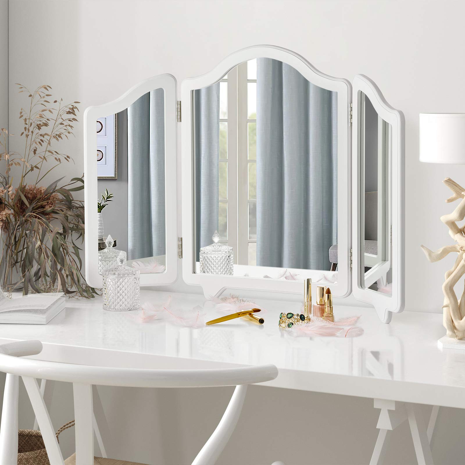 LUXFURNI Hollywood Large Vanity Trifold Makeup Mirror, 3 Side Folding Tabletop Mirror (White)