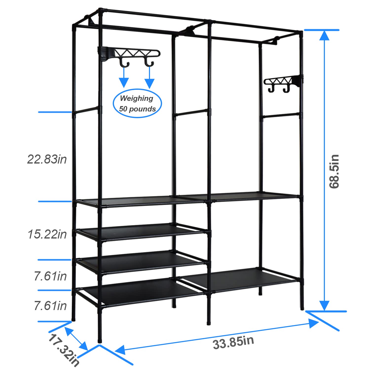 Clewiltess Garment Freestanding Clothes Organizer Closet, Metal Hanging Storage Organizer Rack Wardrobe with Shelves& Hanging Rods,Clothes Hanger Organizer (Black)