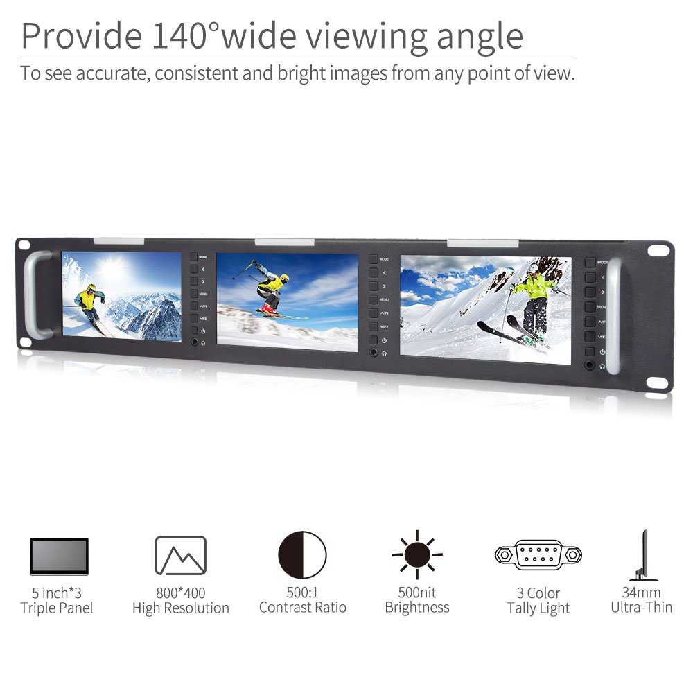 FEELWORLD T51 2RU Triple 5 Inch SDI Rack Mount Broadcast Monitor LCD 800x400 3G SDI HDMI AV Input and Output