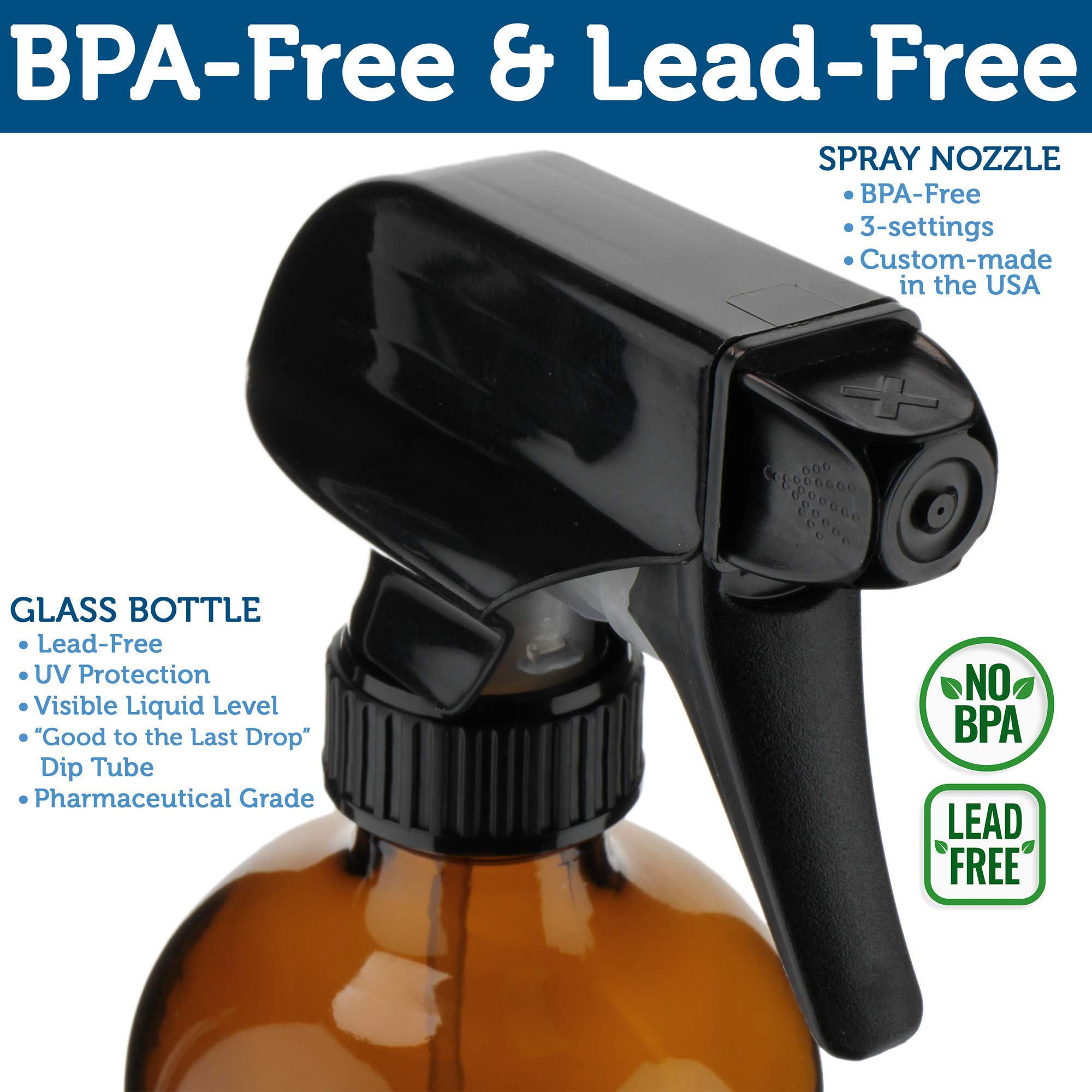 Empty Amber Glass Spray Bottles - 2 Pack - Large 16oz Refillable Bottle is Great for Essential Oils, Plants, Cleaning Solutions, Hair Mister - Durable Nozzle w/Fine Mist and Stream Setting