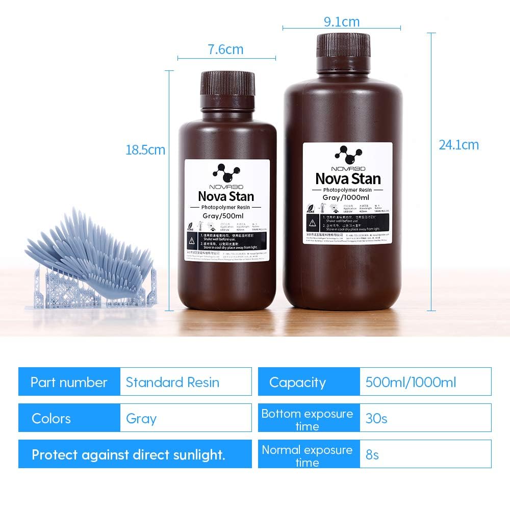 NOVA3D 3D Printer Resin Liquid,Standard Photopolymer,405nm UV Fast Light Curing 3D Printing Excellent Fluidity Resin,for 4K/8K LCD/DLP/SLA Resin 3D Printer Etc,1000g Grey Resin Printing More Models